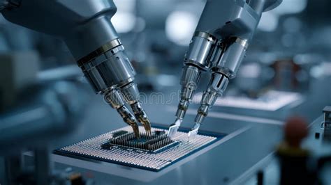 Close Up Of High Precision Robot Arms On Automated Pcb Assembly Line Inside Modern Electronics