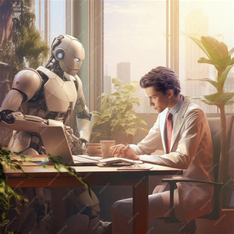 Premium Ai Image A Man Sitting At A Desk With A Robot