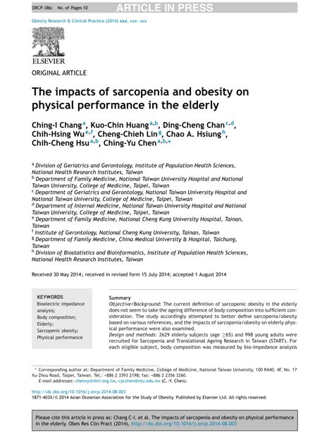 Pdf The Impacts Of Sarcopenia And Obesity On Physical Performance In