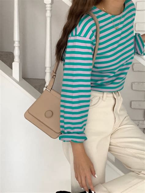 에듀 스트라이프 티셔츠 레드그린블루네이비 봄 단가라 숏 라운드 면 배색 데일리