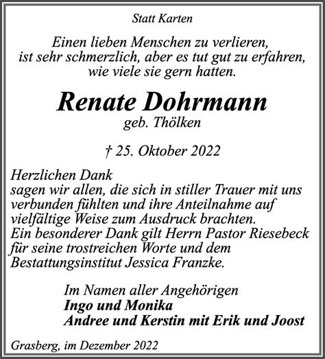 Traueranzeigen Von Renate Dohrmann Trauer And Gedenken