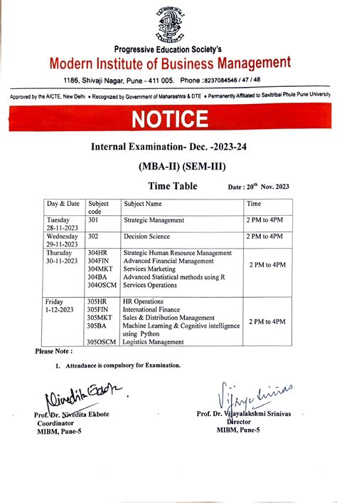 Sem 3 Internal Exam Time Table Modern Institute Of Business Management 1186 Shivaji Nagar