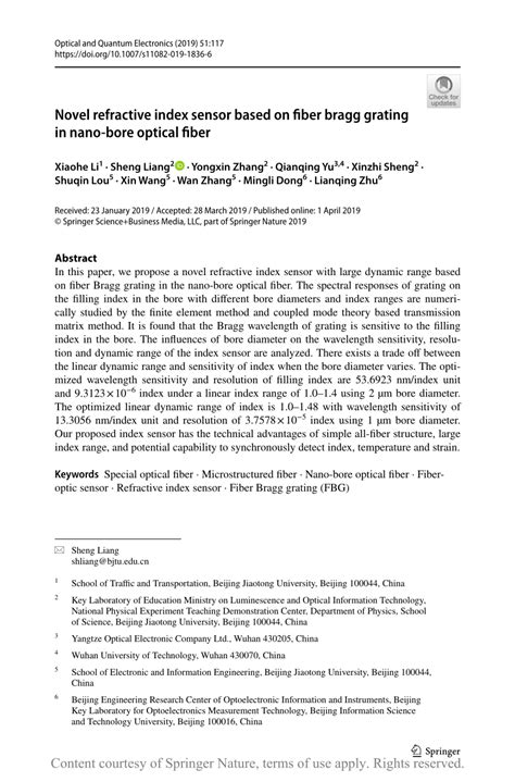 Novel Refractive Index Sensor Based On Fiber Bragg Grating In Nano Bore Optical Fiber Request Pdf