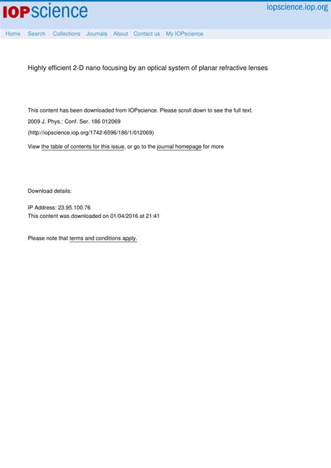 PDF Highly Efficient D Nano Focusing By An Optical System Of Planar Refractive Lenses