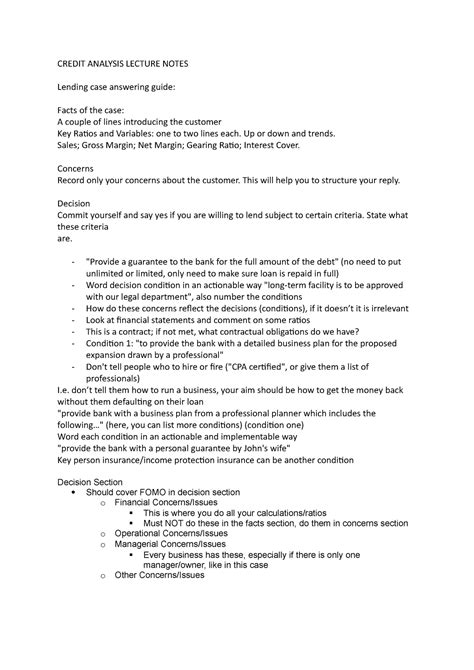 Credit Analysis Notes CREDIT ANALYSIS LECTURE NOTES Lending Case Answering Guide Facts Of The