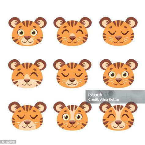 귀여운 호랑이얼굴 줄무늬 호랑이 세트 벡터 일러스트레이션 1월에 대한 스톡 벡터 아트 및 기타 이미지 1월 2022년 개체 그룹 Istock