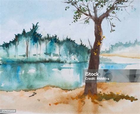 푸른 하늘과 나무가 물에 반사되는 공원의 아름다운 풍경 배경에 있는 나무 수채화 물감과 브러시로 만든 손으로 그린 수채화 예술 0명에 대한 스톡 벡터 아트 및 기타 이미지