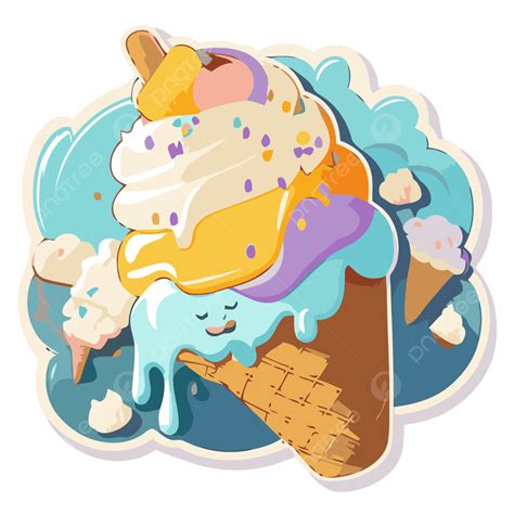 귀여운 만화 일러스트 미소 그래픽이 있는 아이스크림 콘 스티커 벡터 만화 여름 아이스크림 절연 스티커 디자인 상표 만화 일러스트 Png 일러스트 및 벡터 에 대한