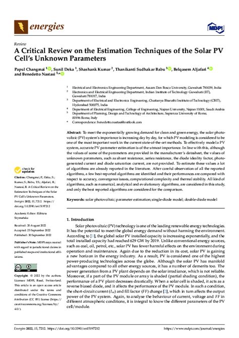 Pdf A Critical Review On The Estimation Techniques Of The Solar Pv Cells Unknown Parameters