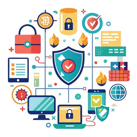 Cyber Security Concept With Various Icons Like Shield Fire Lock Check Mark And Network Premium