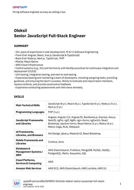 Senior Javascript Full Stack Engineer From Upstaff Pdf