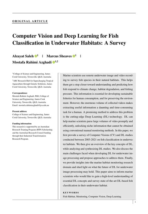PDF Computer Vision And Deep Learning For Fish Classification In Underwater Habitats A Survey