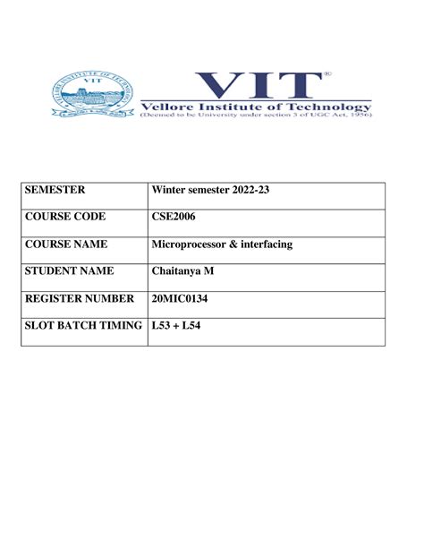 Micro Lab 4 Practical Semester Winter Semester 2022 Course Code Cse
