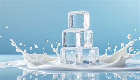 Refreshing Ice Cube Tower In Splashing Milk Against Blue Background