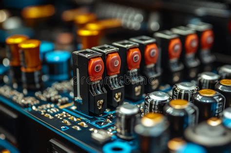 Macro Close Up Of Electronic Circuit Board Showing Components Switches