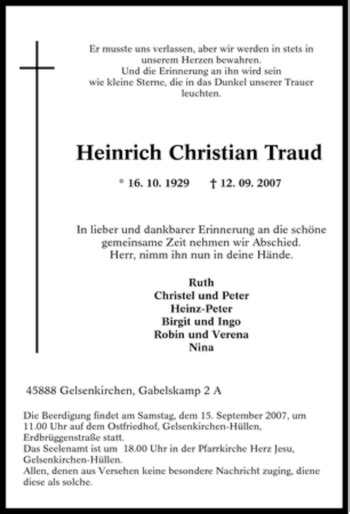 Traueranzeigen Von Heinrich Christian Traud Trauer In Nrwde