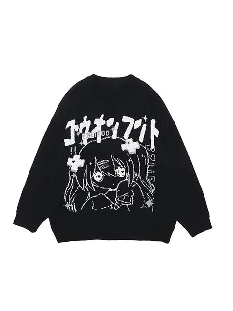 Emmiol Free Shipping 2024 Anime Jacquard Baggy Sweater Black M In