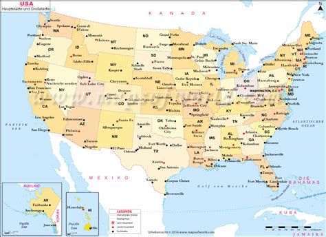 Usa Hauptstadte Und Grobstadte Karte Landkarte Usa