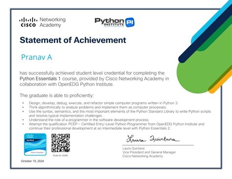 Python Programming Certification Cisco Pythoninstitute Learning Pranav A