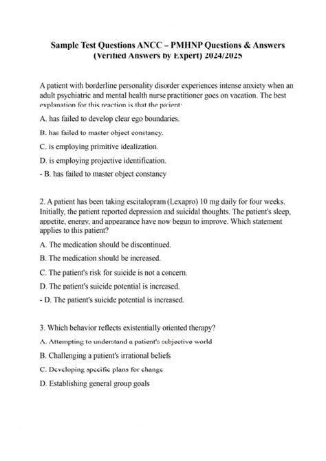 Sample Test Questions Ancc Pmhnp Questions And Answers Verified Answers By Expert 2024 2025