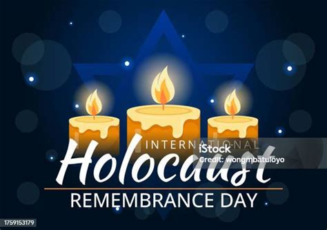 국제 홀로코스트 현충일 벡터 일러스트 레이 션 1월 27일 노란색 별과 촛불 평면 배경에서 희생자를 기념하기 위해 Holocaust에 대한 스톡 벡터 아트 및 기타 이미지