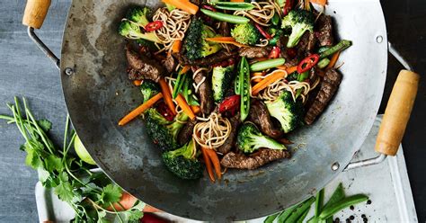 Wok Med Strimlat Nötkött Nudlar Och Grönsaker Recept