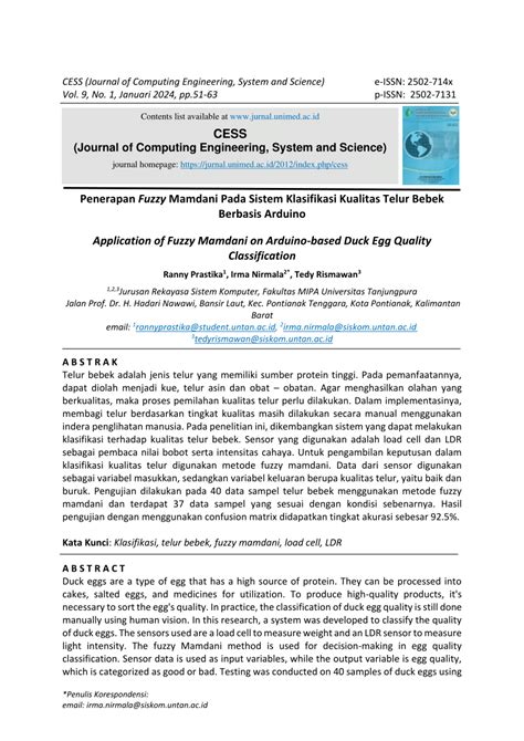 Pdf Penerapan Fuzzy Mamdani Pada Sistem Klasifikasi Kualitas Telur Bebek Berbasis Arduino