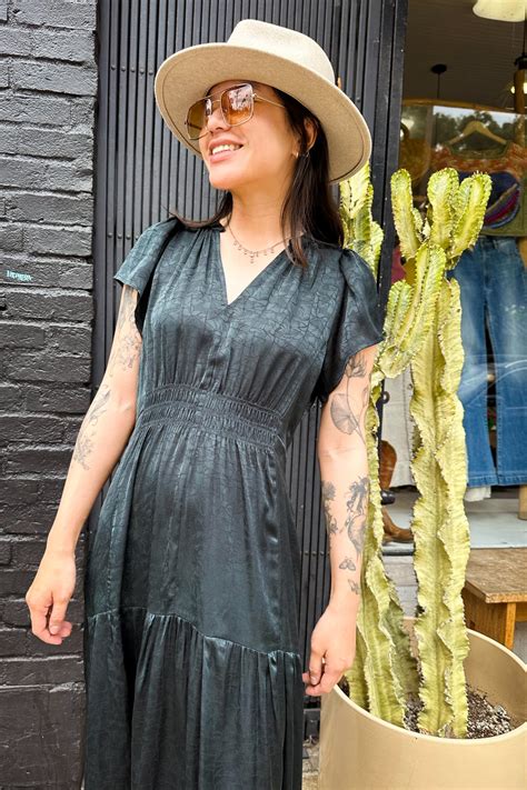 Grade And Gather Textured Satin Midi Dress Dark Forest Garmentory