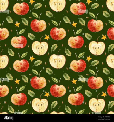 Seamless Pattern With Apple Fruit And Leaves Watercolor Hand Drawn Illustration Apple Fruit