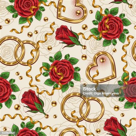 발렌타인 데이 황금 하트 반지 장미 꽃 나선형 리본 구슬 하프 톤 모양으로 매끄러운 배경 결혼식 약혼 이벤트 발렌타인 데이 선물