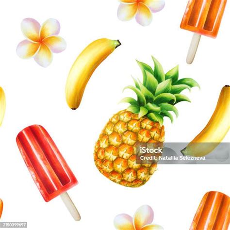 과일 아이스크림 파인애플 바나나 Frangipani 완벽 한 패턴 수채화 열대 일러스트 아이스 캔디 에 막대기 절연 와 배경