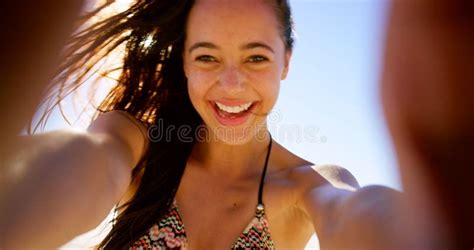 Woman Smiling And Laughing In Selfie At Beach Travel Influencer And Pov While Live Streaming