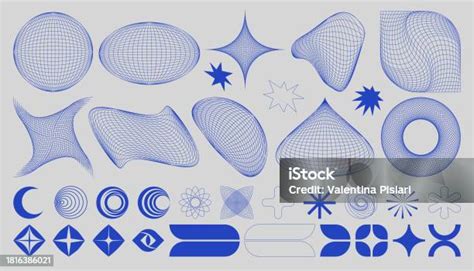 추상적인 브루탈리즘 요소 와이어프레임 3d 기하학적 메쉬 모양 및 그리드 변형의 집합입니다 사이버펑크와 레트로 퓨처리즘 형태