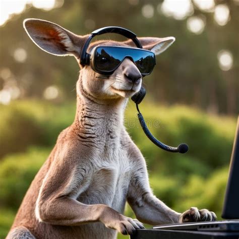 Kangaroo Wearing Headset And Holding Laptop Stock Illustration Illustration Of Smile Summer