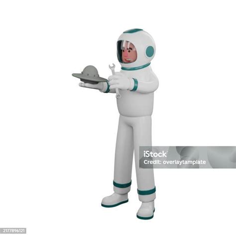 전문 남성 우주 비행사의 3d 모델 한 남성 우주비행사가 오른손에는 소형 Ufo를 왼손에는 링 렌치를 들고 서 있다 우주 캐릭터 Space Tourism에 대한 스톡 사진