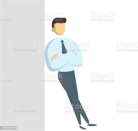 그의 팔을 가진 회색 벽에 흰 셔츠 서 기대에 관리자 넘어 배너 인포 그래픽 또는 웹사이트의 방문 페이지에 대 한 개념 평면