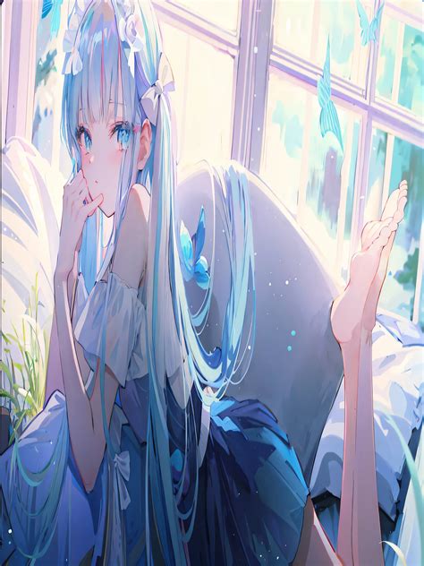 긴 파란 머리를 가진 애니메이션 소녀가 방 안의 침대에 앉아 있다 Seaart Ai