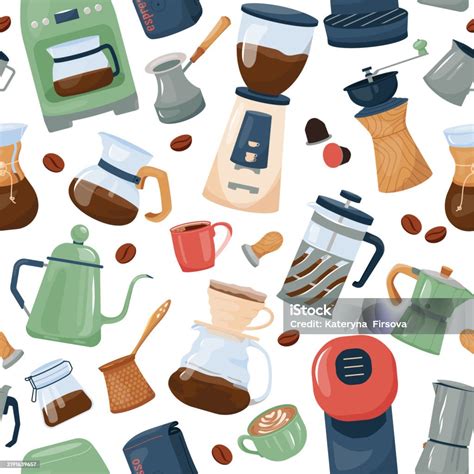 미학적인 커피 벡터 완벽 한 배경입니다 다양한 양조 장비를 갖춘 커피 패턴 프렌치 프레스 그라인더 Cezve Moka 컵 머그잔