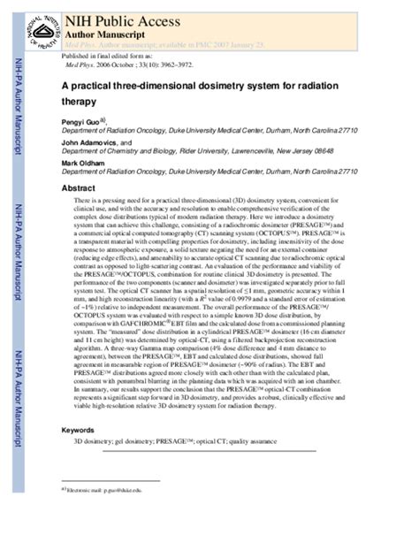 Pdf A Practical Three Dimensional Dosimetry System For Radiation Therapy