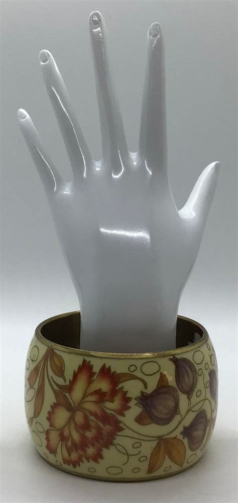 Vintage Wide Floral Enamel Brass Bangle Bracelet Gem