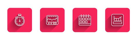 라인 스톱워치 측정기 달력 및 그래프 일정 차트 긴 그림자가 있는 다이어그램을 설정합니다 빨간색 사각형 버튼입니다 벡터 0명에 대한 스톡 벡터 아트 및 기타 이미지 Istock