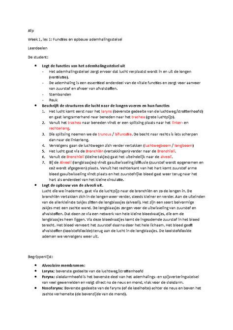 Afp Periode 2 Week 1 Les 1 Afp Week 1 Les 1 Functies En Opbouw Ademhalingsstelsel Leerdoelen