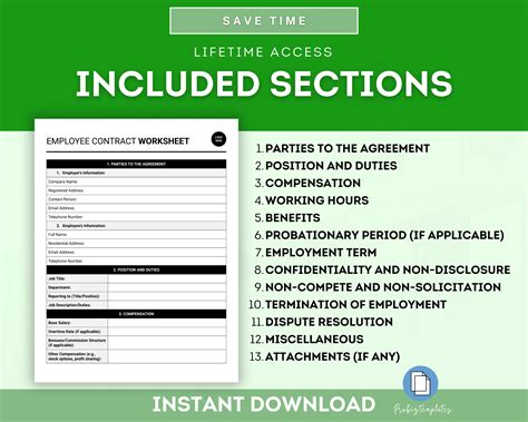 Employment Contract Worksheet Template Probiztemplates
