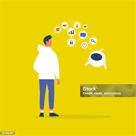 데이터 전송 개념적 그림입니다 갈색 머리 남성 캐릭터입니다 인간과 로봇 통신 새로운 기술 플랫 편집 가능한 벡터 일러스트 클립 아트 데이터에 대한 스톡 벡터 아트 및 기타