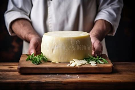 Photo Of A Person Cutting Cheese On A Wooden Cutting Board Stock