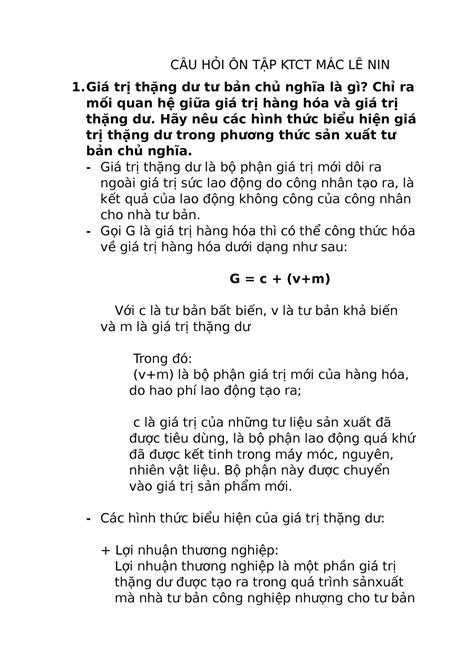 Ktct Hk1 Ktct CÂu HỎi Ôn TẬp Ktct MÁc LÊ Nin 1á Trị Thặng Dư Tư Bản Chủ Nghĩa Là Gì Chỉ Ra
