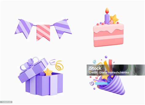 3d 생일 아이콘 세트입니다 파티 깜짝 장식 카니발 화환 케이크 조각 선물 상자 및 색종이 폭죽 흰색 배경에 격리된 만화 크리