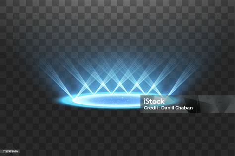 미래의 텔레포트 마법의 판타지 포털 빛 효과 푸른 양 초 투명 한 배경에 스파크와 밤 장면의 광선 연단의 빈 조명 효과 디스코 클럽 댄스 플로어 3차원 형태에 대한 스톡