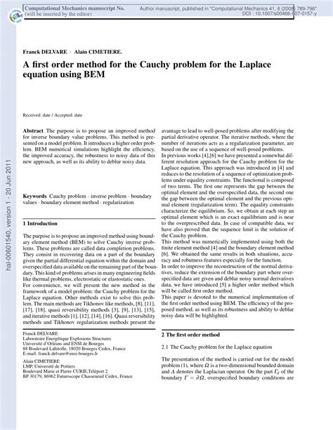 Pdf A First Order Method For The Cauchy Problem For The Laplace