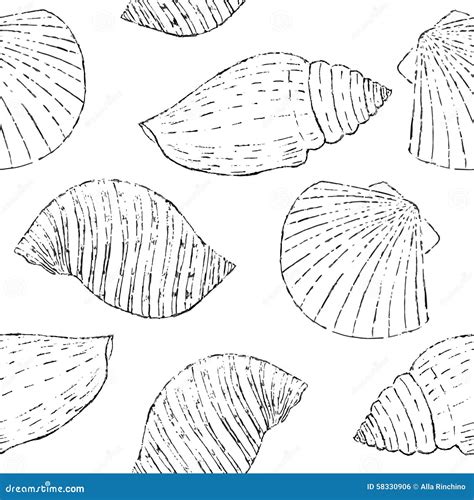 Monochrome Seamless With Sketch Seashells Stock Vector Illustration